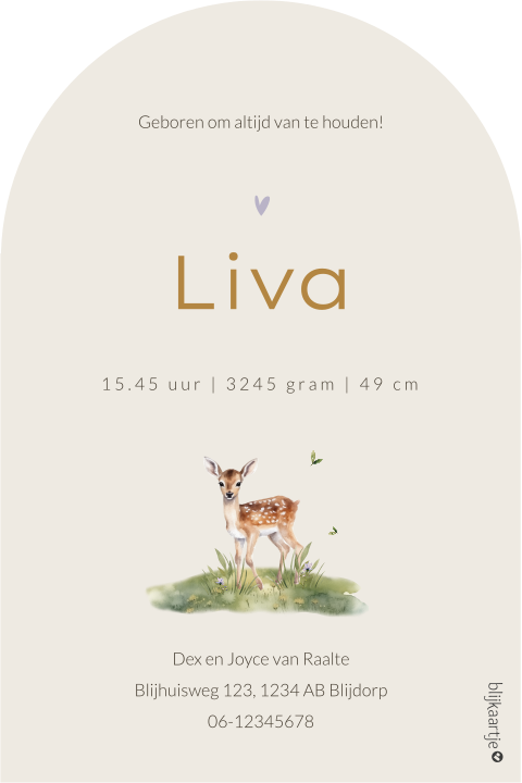 Aparte vorm geboortekaartje meisje met hertjes in bos