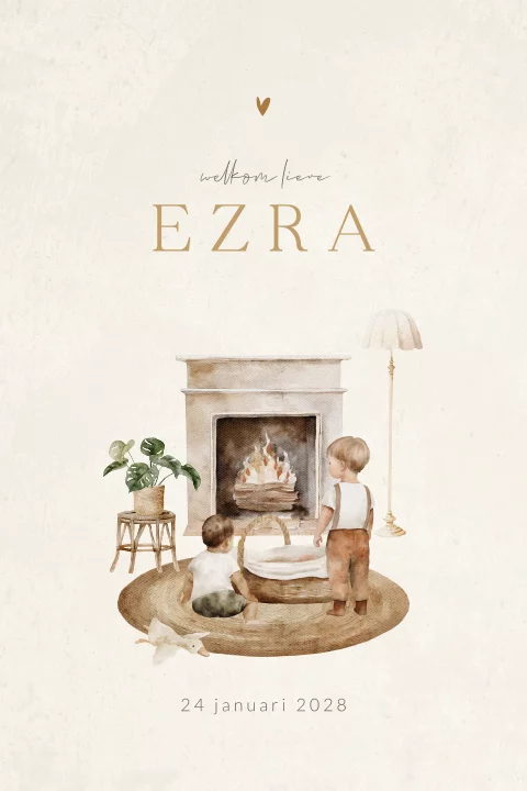 Getekend geboortekaartje unisex derde kindje met kindjes bij haard