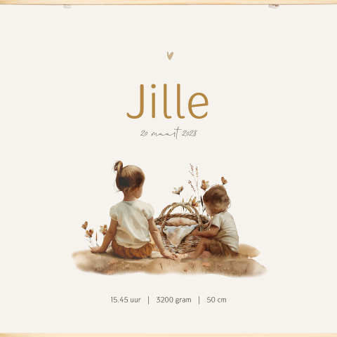 Unisex canvasposter voor een derde kindje met een mand en veldbloemen