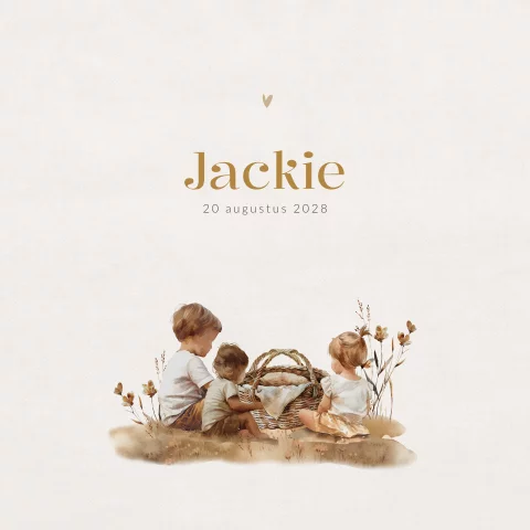 Vierde kindje geboortekaartje unisex met mand en veldbloemen