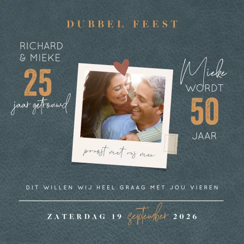 Lederlook dubbel feest uitnodiging met foto