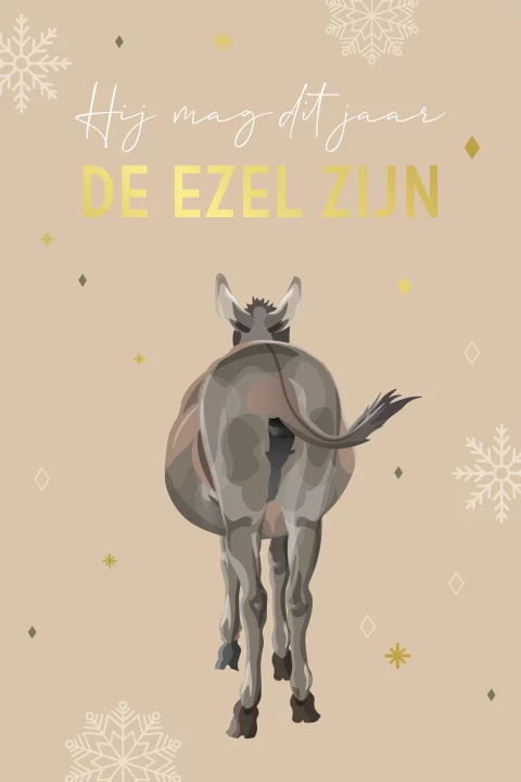 Grappige kerstkaart met kont van ezel met goudfolie en ronde hoeken