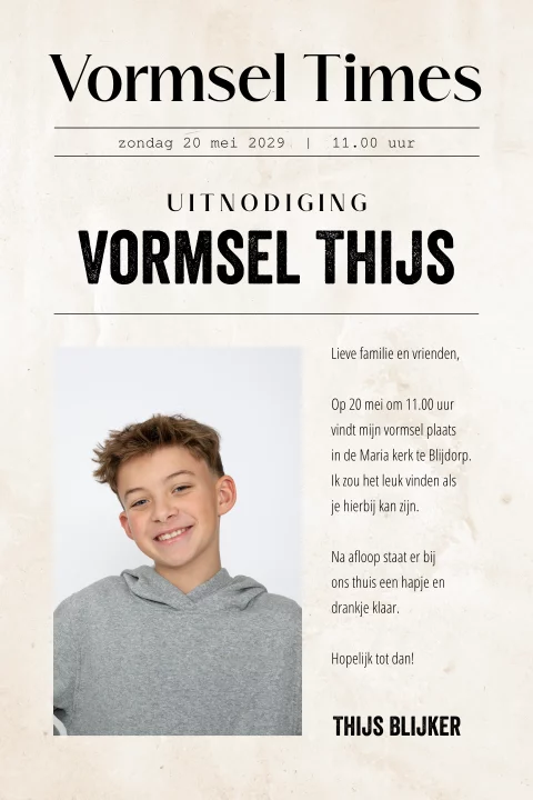 Typografische uitnodiging vormsel krant met foto