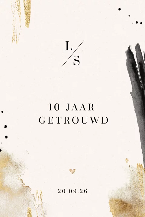 Jubileum uitnodiging 10 jaar getrouwd met initialen en aquarel vegen