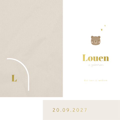 Neutraal insteek geboortekaartje met beertje en foliedruk