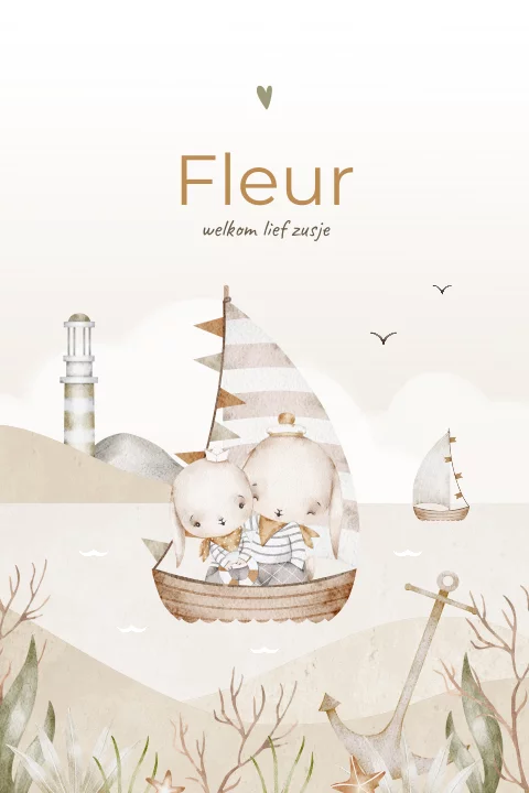 Zusje geboortekaartje met konijntjes op een bootje op de zee