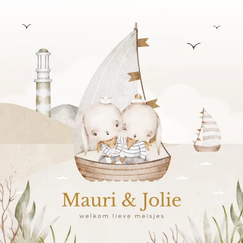 Tweeling meisjes geboortekaartje zee met boot met konijntjes