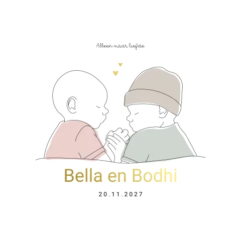 Tweeling lijntekening geboortekaartje met goudfolie