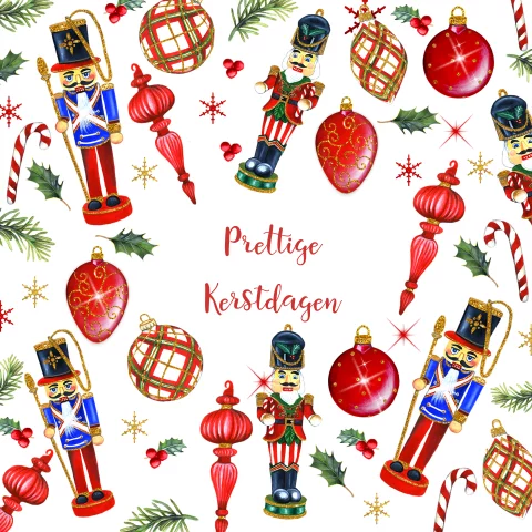 Sfeervolle kerstkaart met notenkrakers, kerstballen en kersttakjes