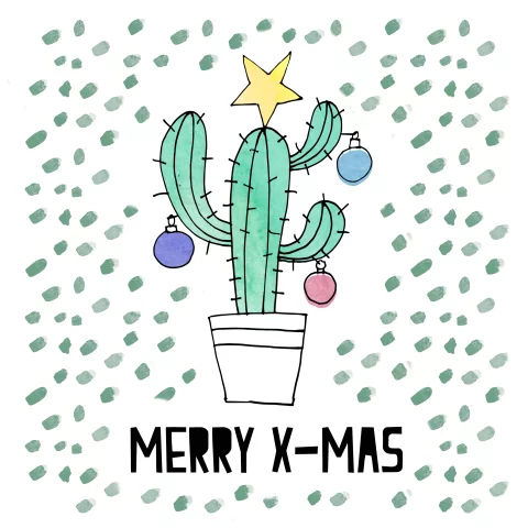 Getekende kerstkaart met versierde cactus