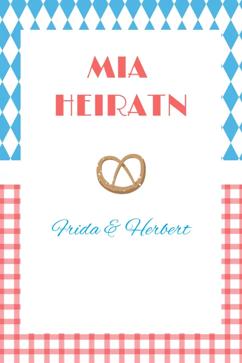 Hochzeitskarte blau weiß kariert mit bayrische Brezen