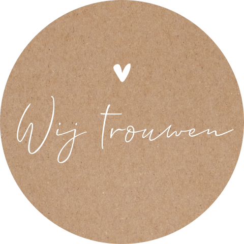 Sticker met "Wij trouwen" en wit hartje op kraft-look - vel van 25 stickers