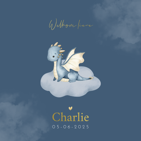 Geboortekaartje met draakje op wolk en goudfolie