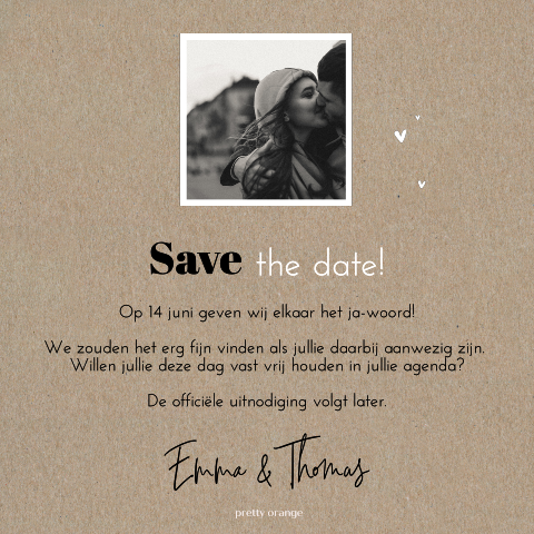 Kraft save the date kaart met foto in witte kader en leuke lettertypes