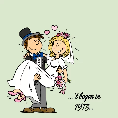 Grappige uitnodiging 50 jarig huwelijk met cartoon