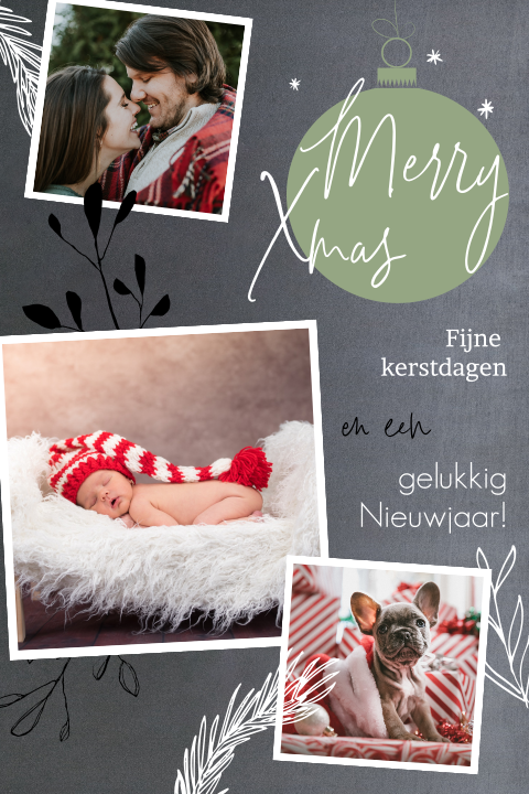 Stoere kerstkaart met foto's en kerstbal
