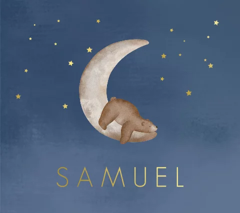 Lief geboortekaartje met goudfolie sterretjes en slapende beer