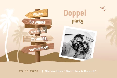 Doppelparty-Einladung 25 und 50 mit Strandwegweiser