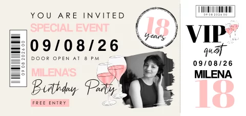 Einladung zum 18ten Geburtstag in Ticketform VIP mit Wein