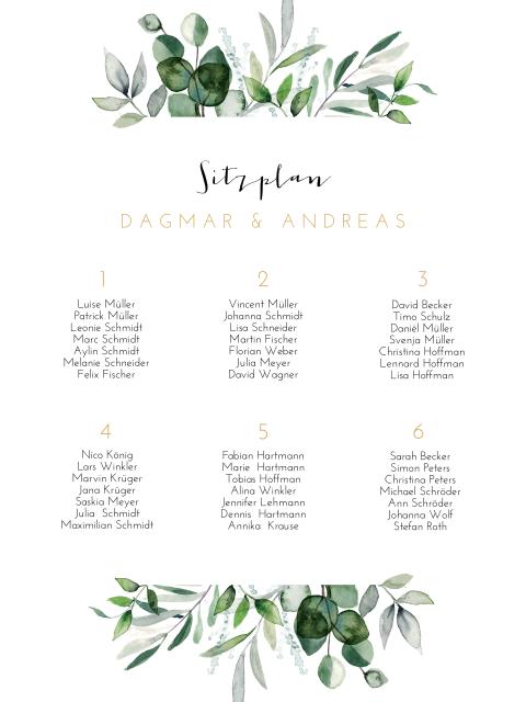 Hochzeit Sitzplan poster mit Blättern und Herzen