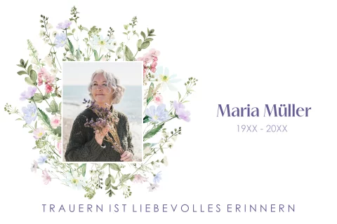 Dankeskarte Trauer mit Foto in Blumenrahmen und lila Farben