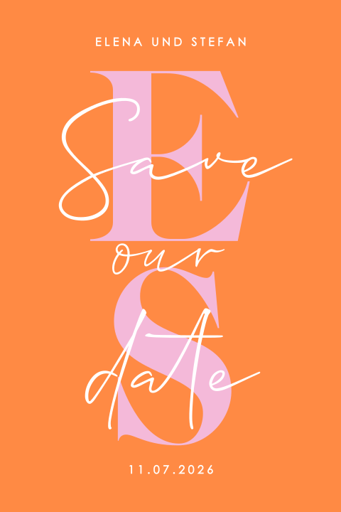 Colourblocking Save the Date-Karte mit Orange und Lila