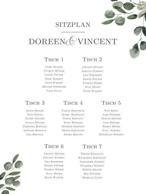 Sitzplan mit Eukalyptuszweigen als Verzierung