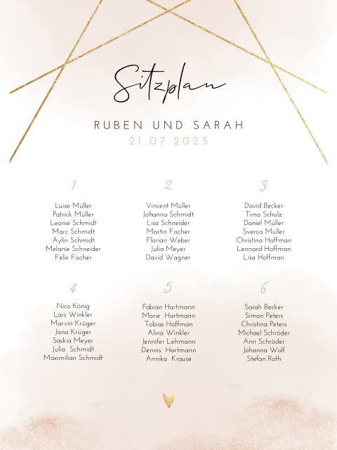 Hochzeits-Sitzplan-Poster mit Goldflecken und geometrischem Muster
