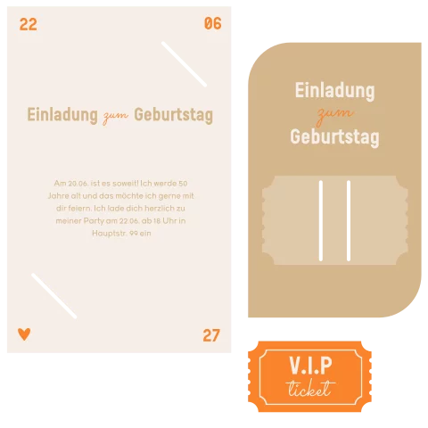 Geburtstagseinladung mit VIP Ticket in Braun und Orange