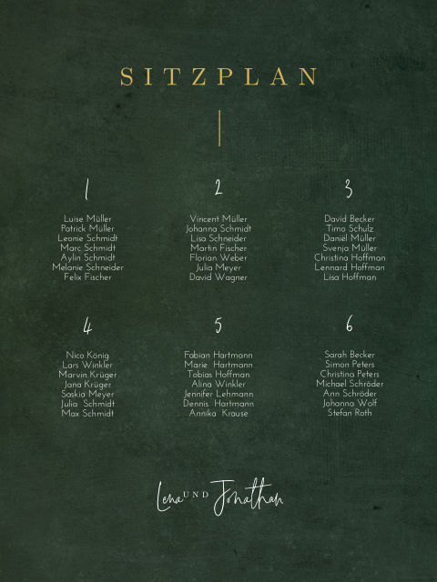 Sitzplan poster mit dunkelgrünem Hintergrund