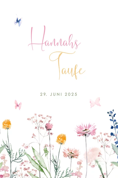 Florale Einladung zur Taufe mit farbenfrohen Blumen und Foto