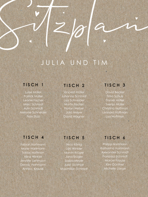 Sitzplan Schild mit Herzen in Weiß auf Kraftlook-Hintergrund