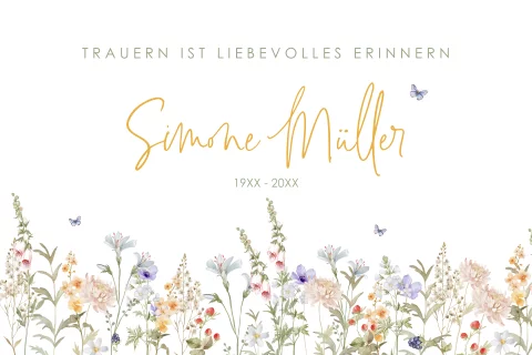 Trauer Danksagung mit bunten Feldblumen und violetten Schmetterlingen