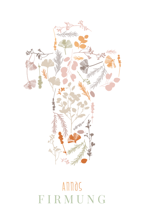 Einladung zur Firmung mit Kreuz, Blättern, Trockeblumen und Foto