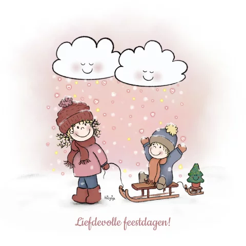 Kerstkaart met lieve kindjes in de sneeuw met een kerstboom