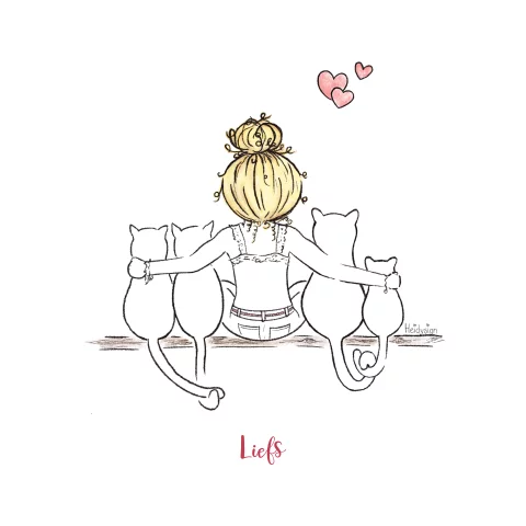 Wenskaart Liefs tekening meisje met poezen