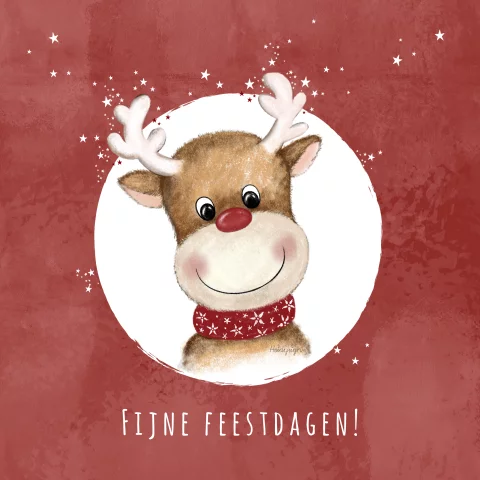 Kerstkaart met een vrolijk rendier en sterretjes