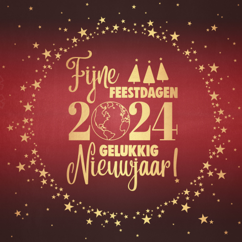 Stijlvolle kerstkaart kerstrood gouden sterren en wereldbol 2024