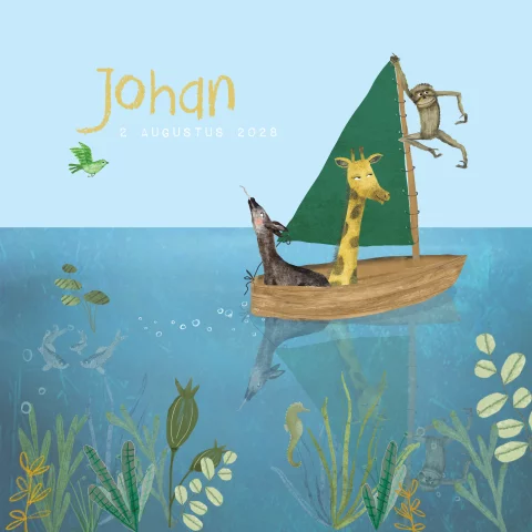 Illustratief geboortekaartje bootje zee met dieren