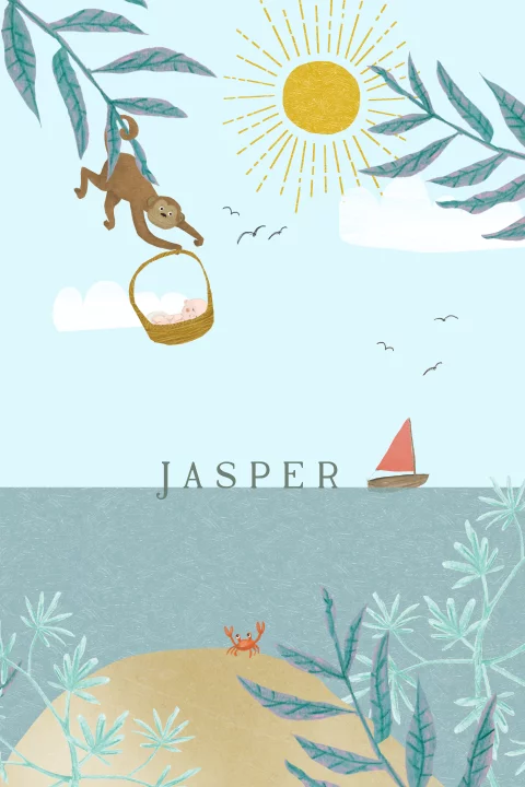 Getekend geboortekaartje tropisch eiland aapje, baby, wiegjes