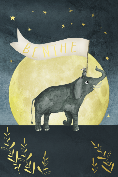 Geboortekaartje olifant en muis bij volle maan